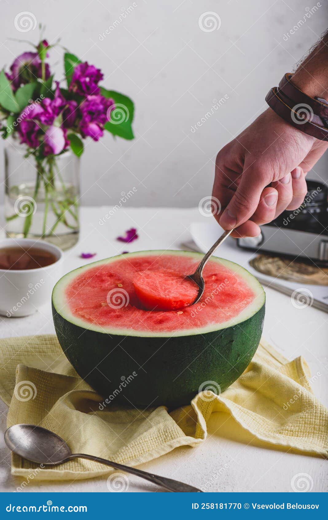 Spoon with Piece of Watermelon Stock Photo - Image of chilling, hand ...
