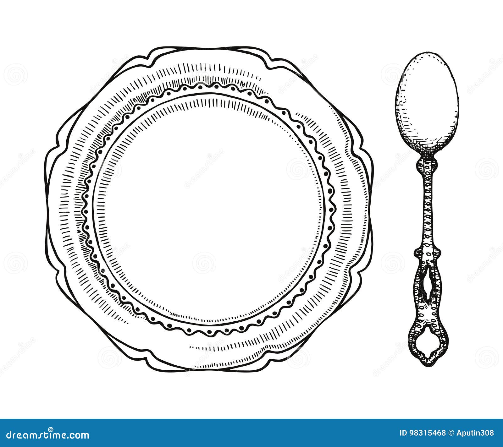 Spoon and Plate for Soup Vintage Sketch. Vector Illustration Stock ...