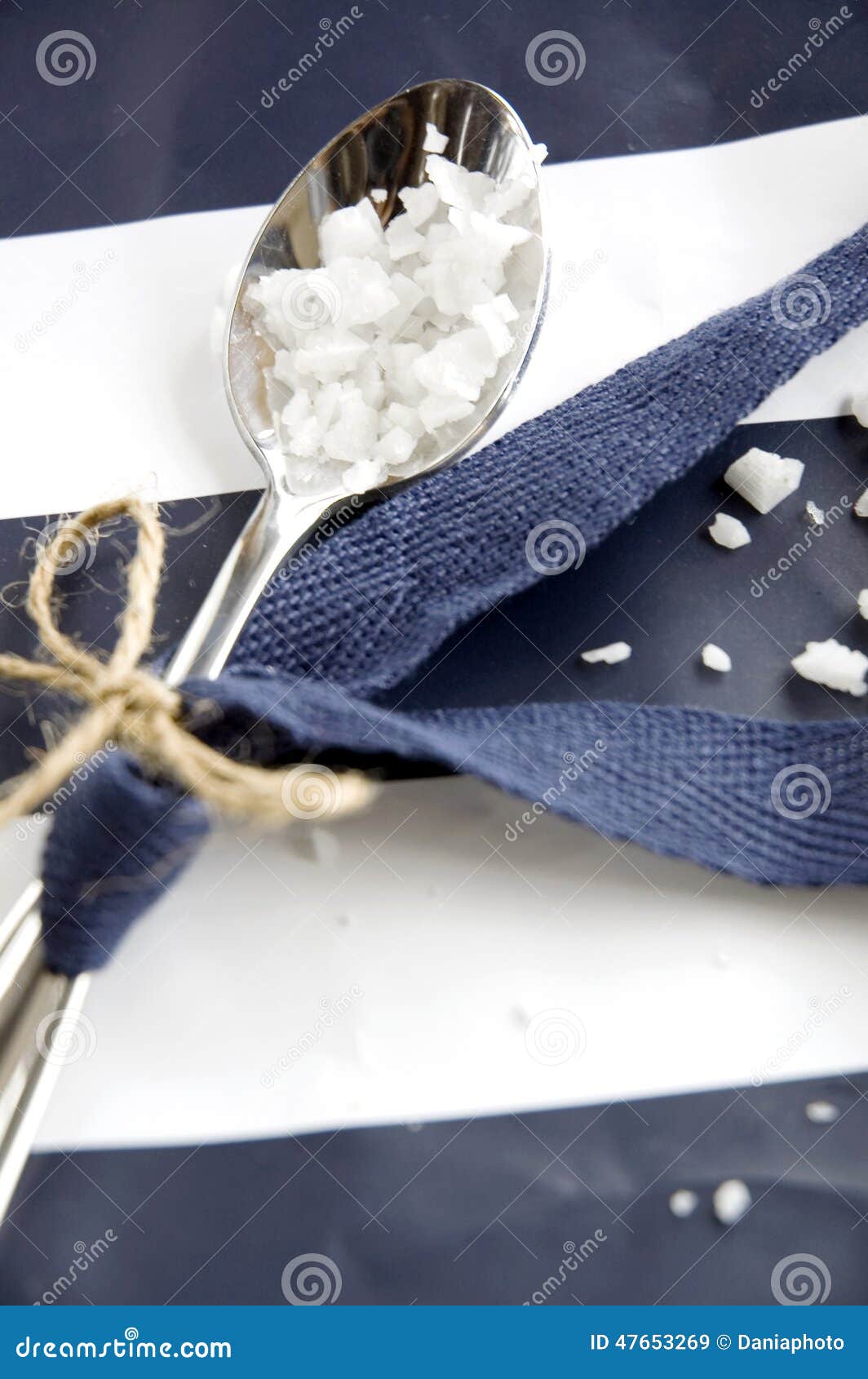Spoon of Sea Salt with Blue Ribbon Stock Image - Image of design, taste ...