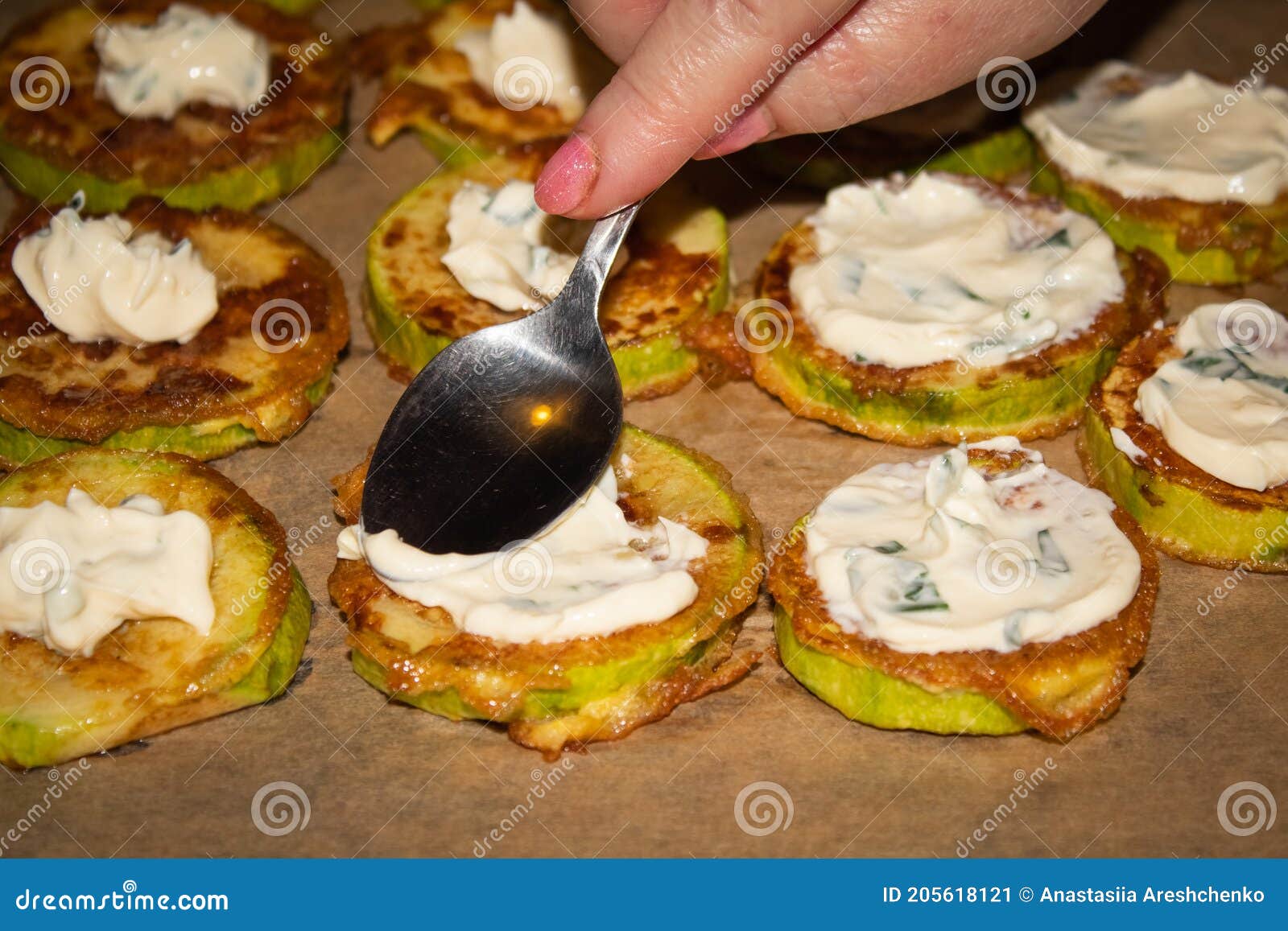 Spoon Smear Mayonnaise Sauce on Fried Courgettes for Baking Stock Image ...