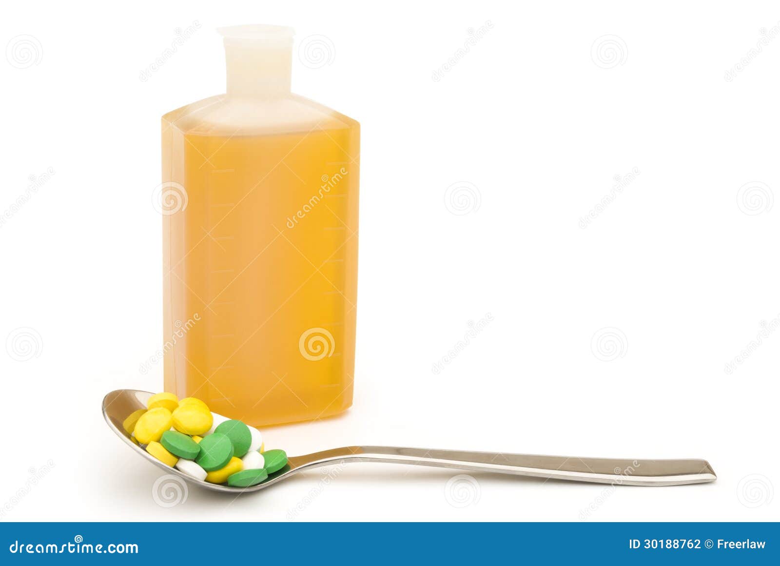 Spoonful of Pills and Medicine Bottle Stock Photo - Image of chemical ...