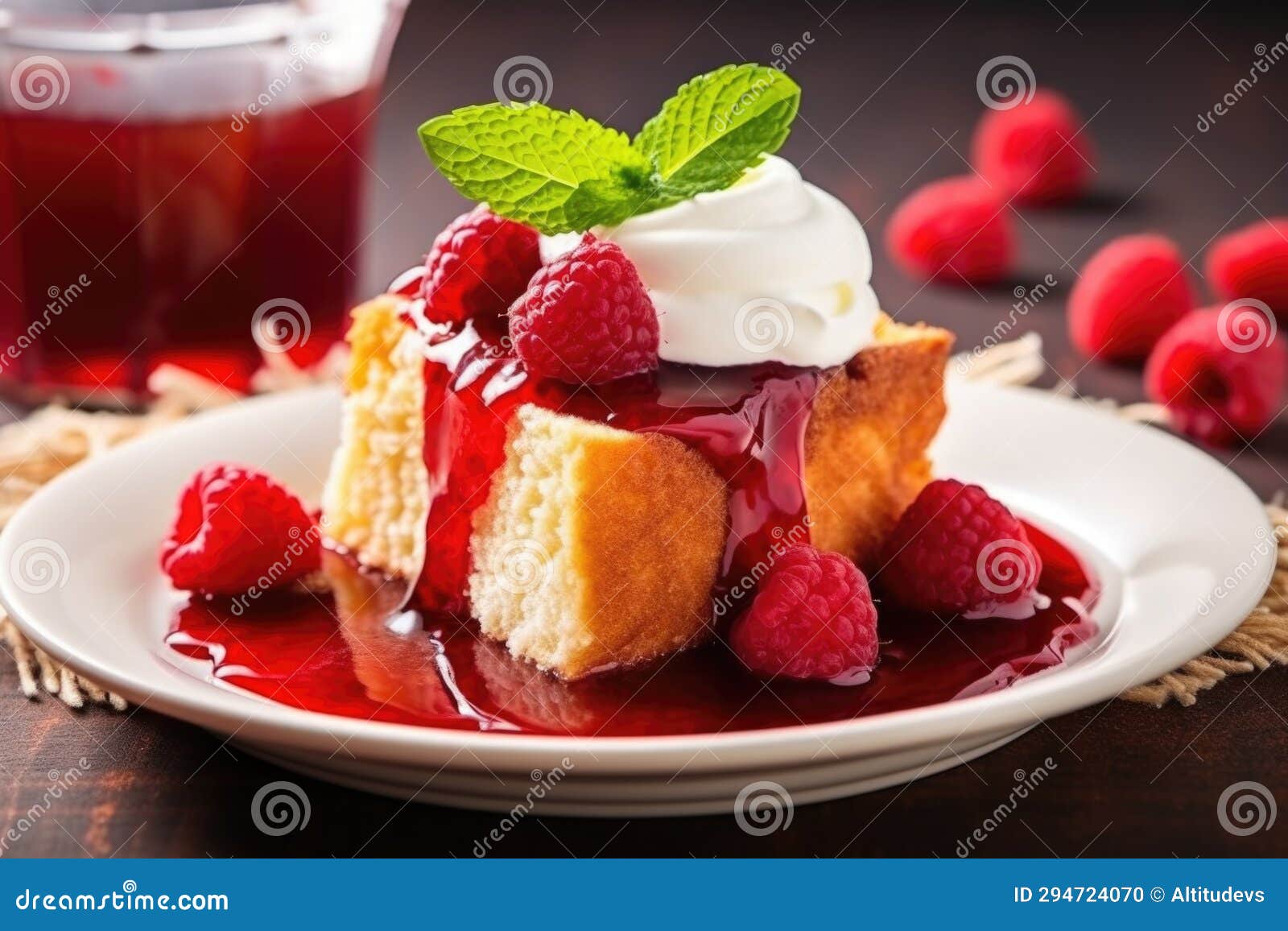 Spooning Raspberry Compote Over a Slice of Pound Cake Stock ...