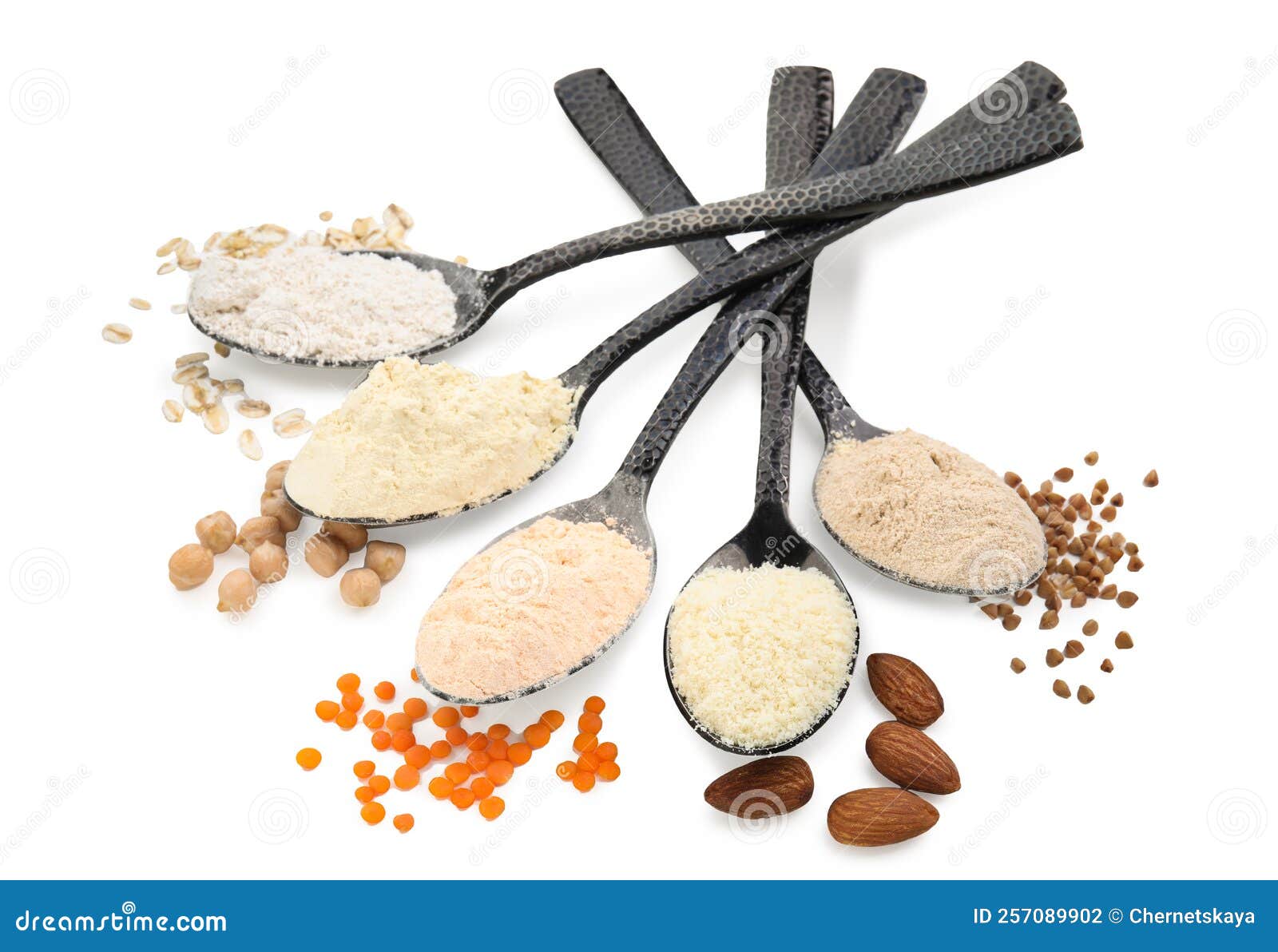 Spoons with Different Types of Flours on White Background Stock Photo ...