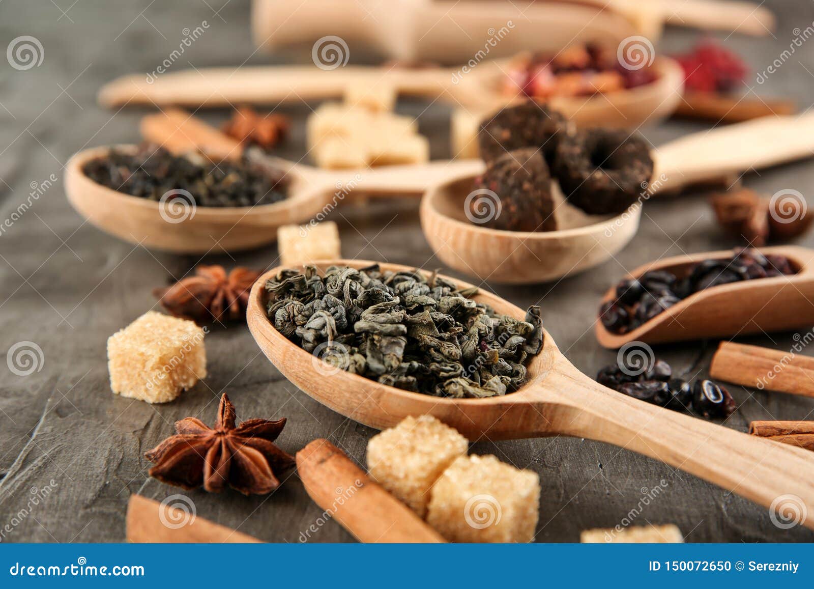 Spoons with Different Types of Tea on Table Stock Photo - Image of brew ...