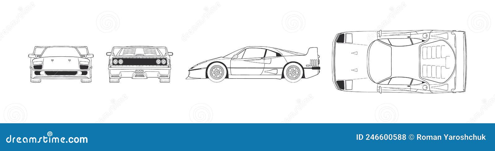 Sport Automobile. Hand Drawn Car Front Back Top and Side View Stock ...