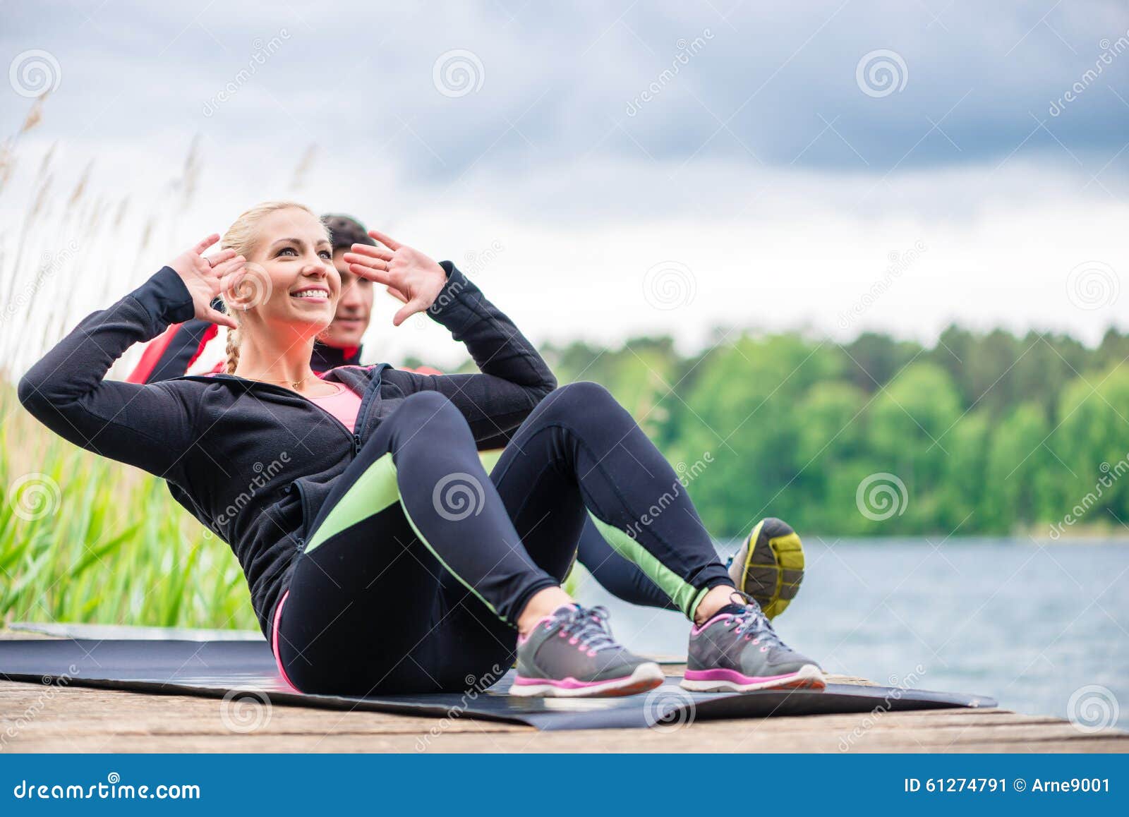 Sport Couple Doing Sit-ups Outdoor at River Stock Image - Image of ...