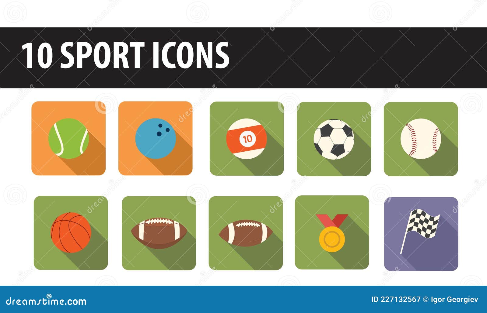 10 Sport Icons Square Long Shadow Stock Vector - Illustration of bank ...
