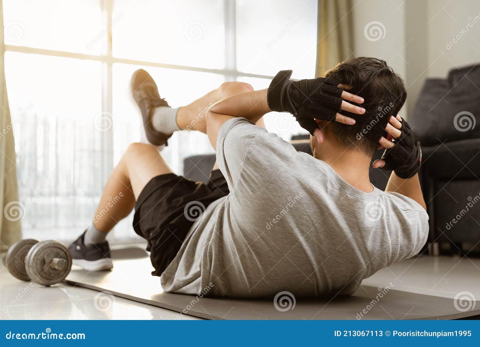 Sport Man Doing Ab Crunches Exercise Workout in Living Room Stock Image ...