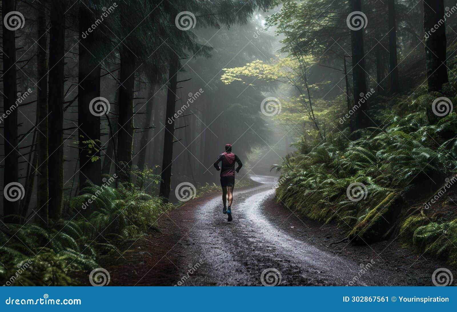 Daily Sport Routine. Athlete Runner, Forest Trail in the Rain. Back ...