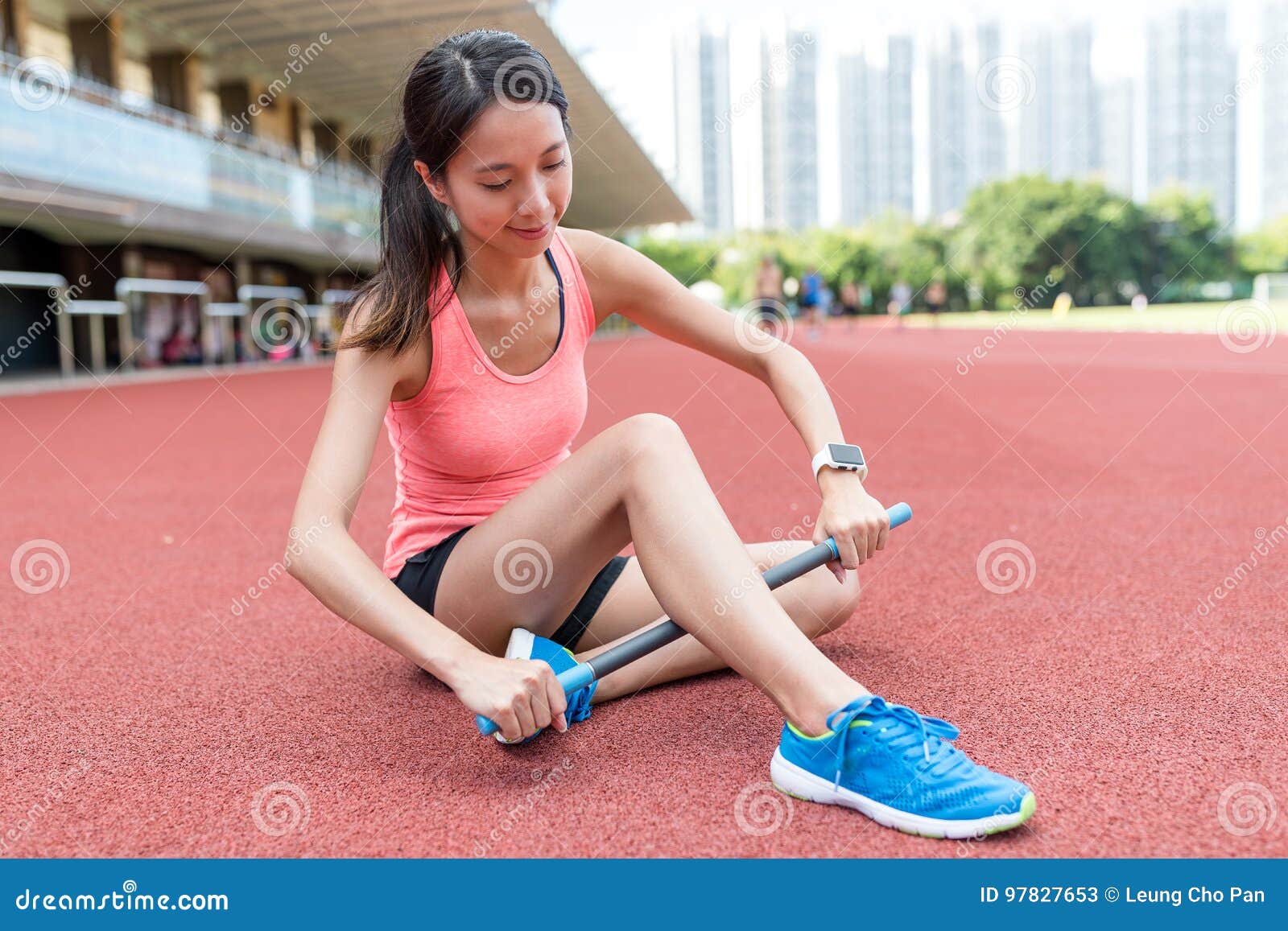 Sport Woman Using Roller Stick on Legs Stock Image - Image of reducing ...
