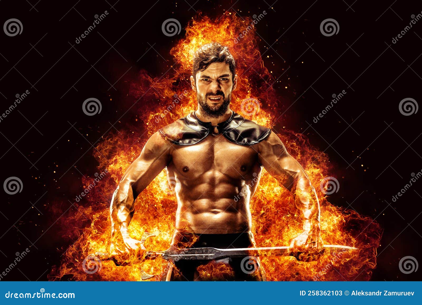 Sportive Man in Leather Warrior Costume with Sword, Fire on Background ...