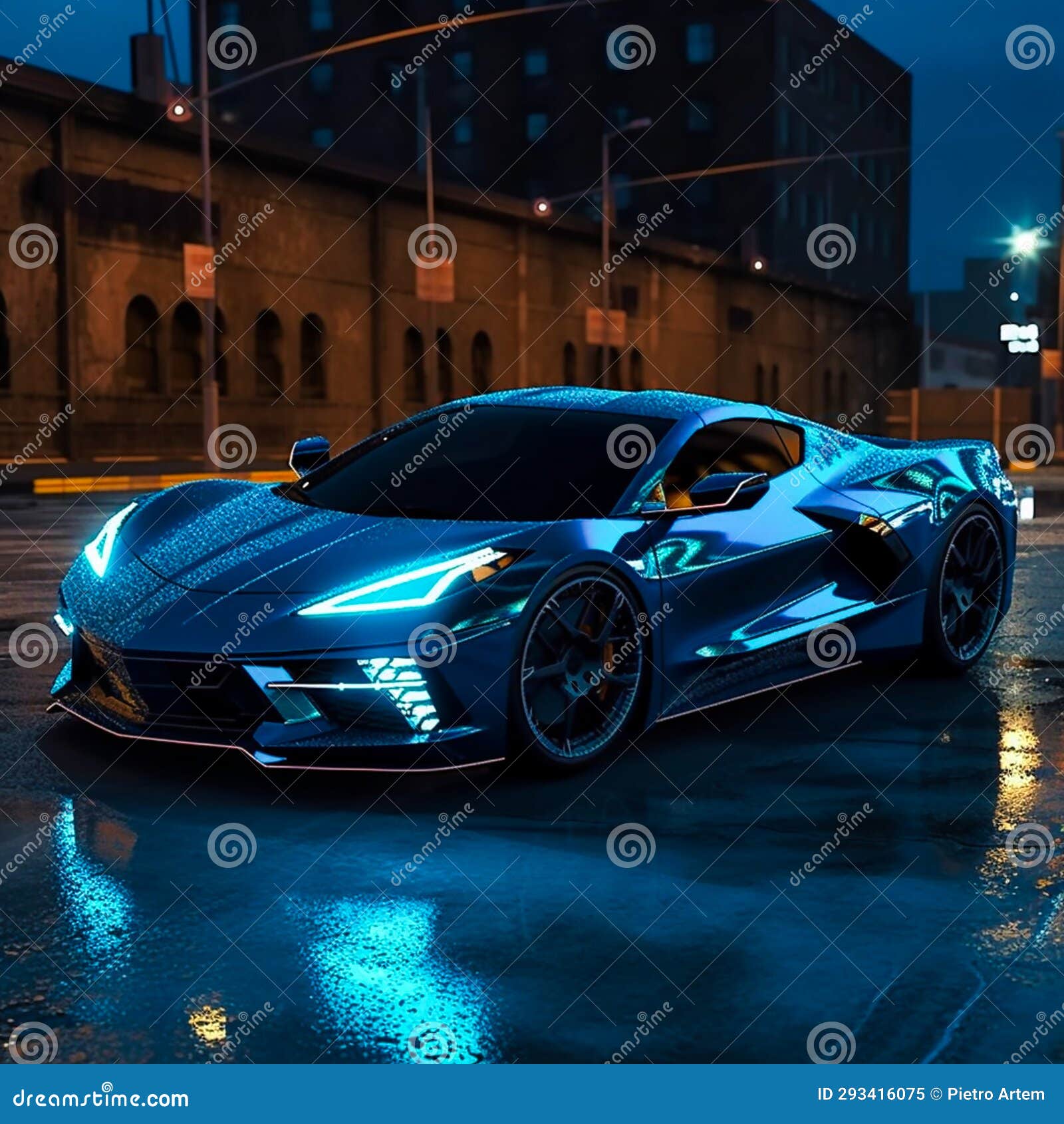 Sports Blue Car on the Night Streets Stock Image - Image of headlight ...