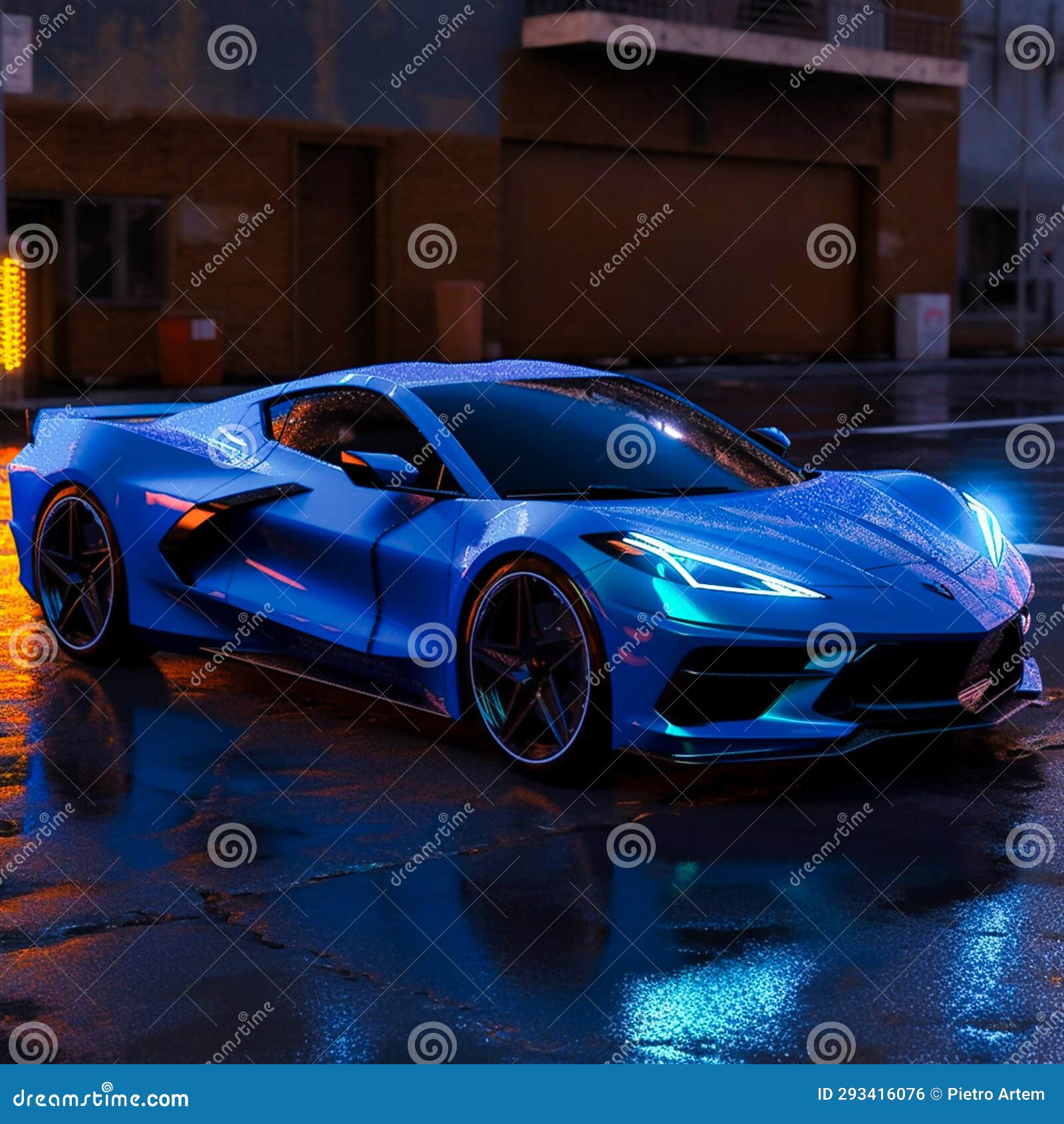 Sports Blue Car on the Night Streets Stock Photo - Image of background ...
