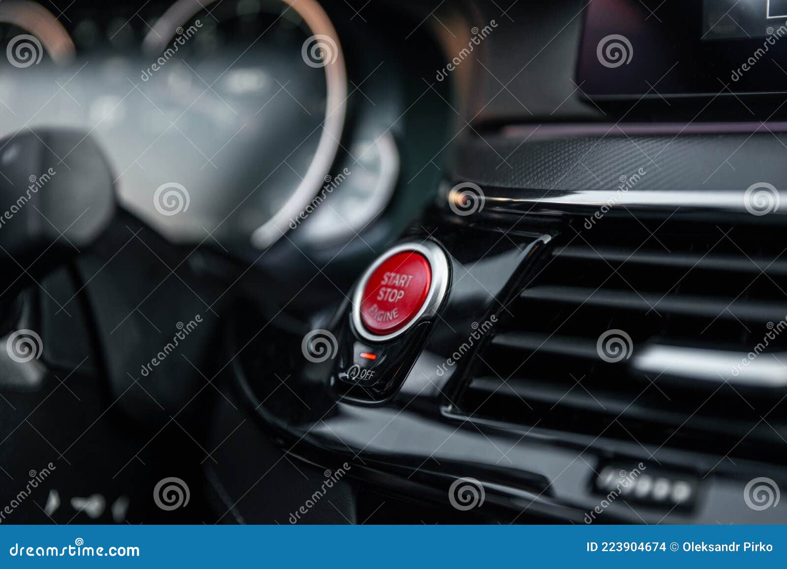 Sports Car Dashboard with Focus on Red Engine Start Stop Button. Button ...