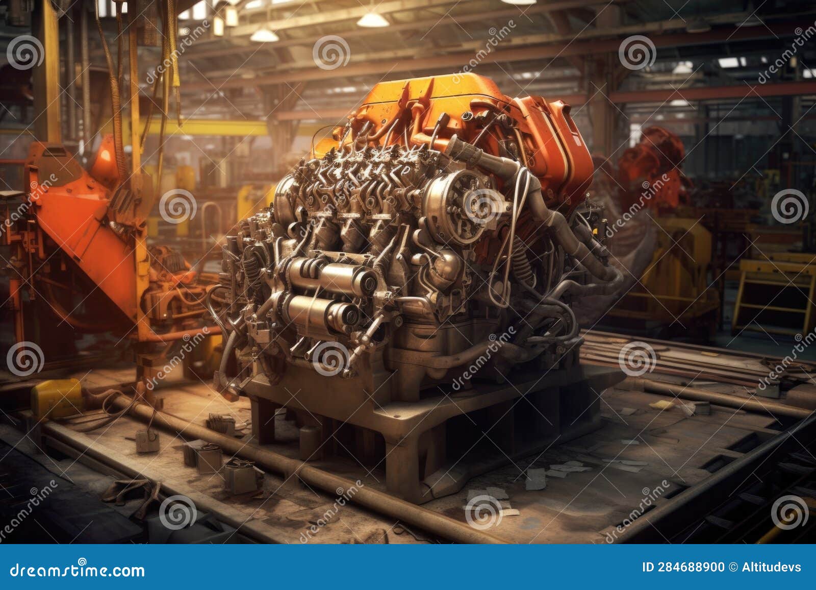 Sports Car Engine Assembly in a Factory Setting Stock Illustration ...