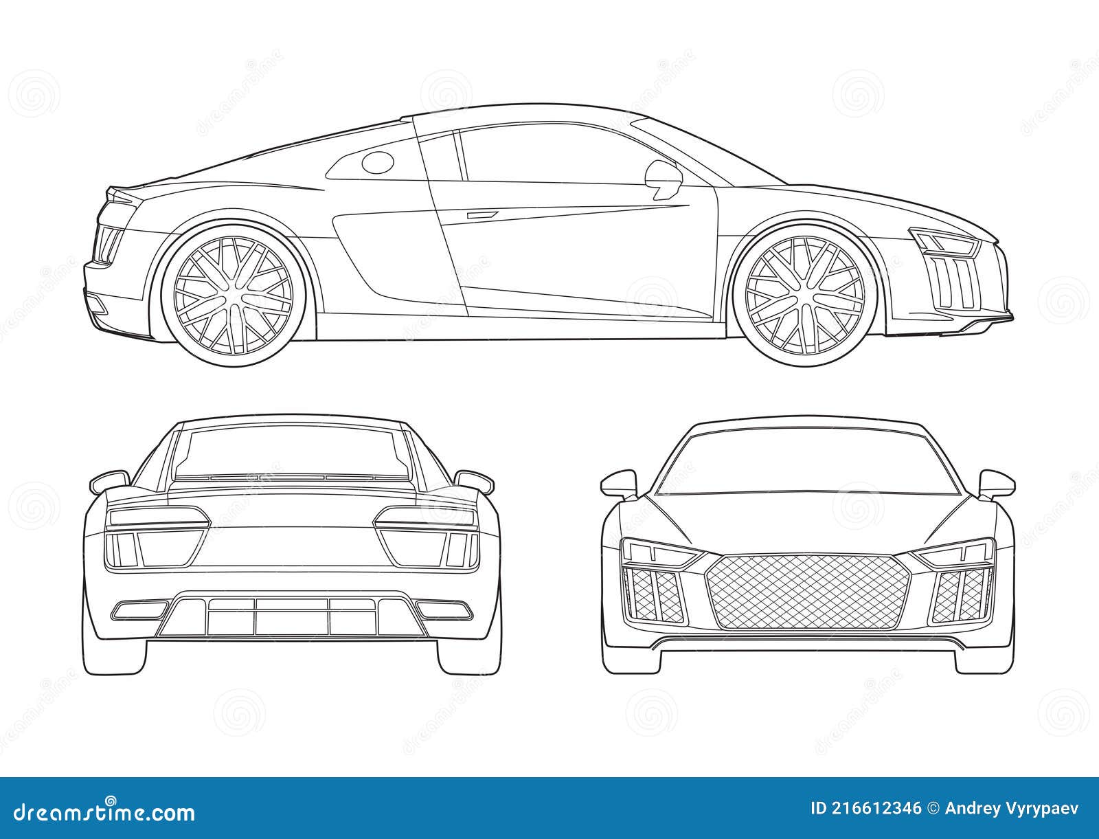 Sports Car View from Three Sides Stock Vector - Illustration of contour ...