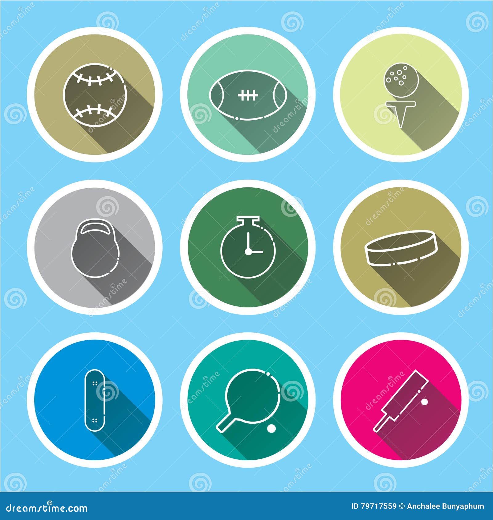 Sports Icons Set on Blue Long Shadows Stock Illustration - Illustration ...