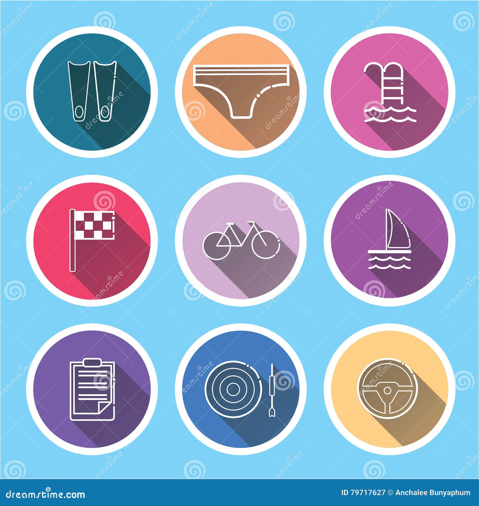 Sports Icons Set on Blue Long Shadows Stock Illustration - Illustration ...