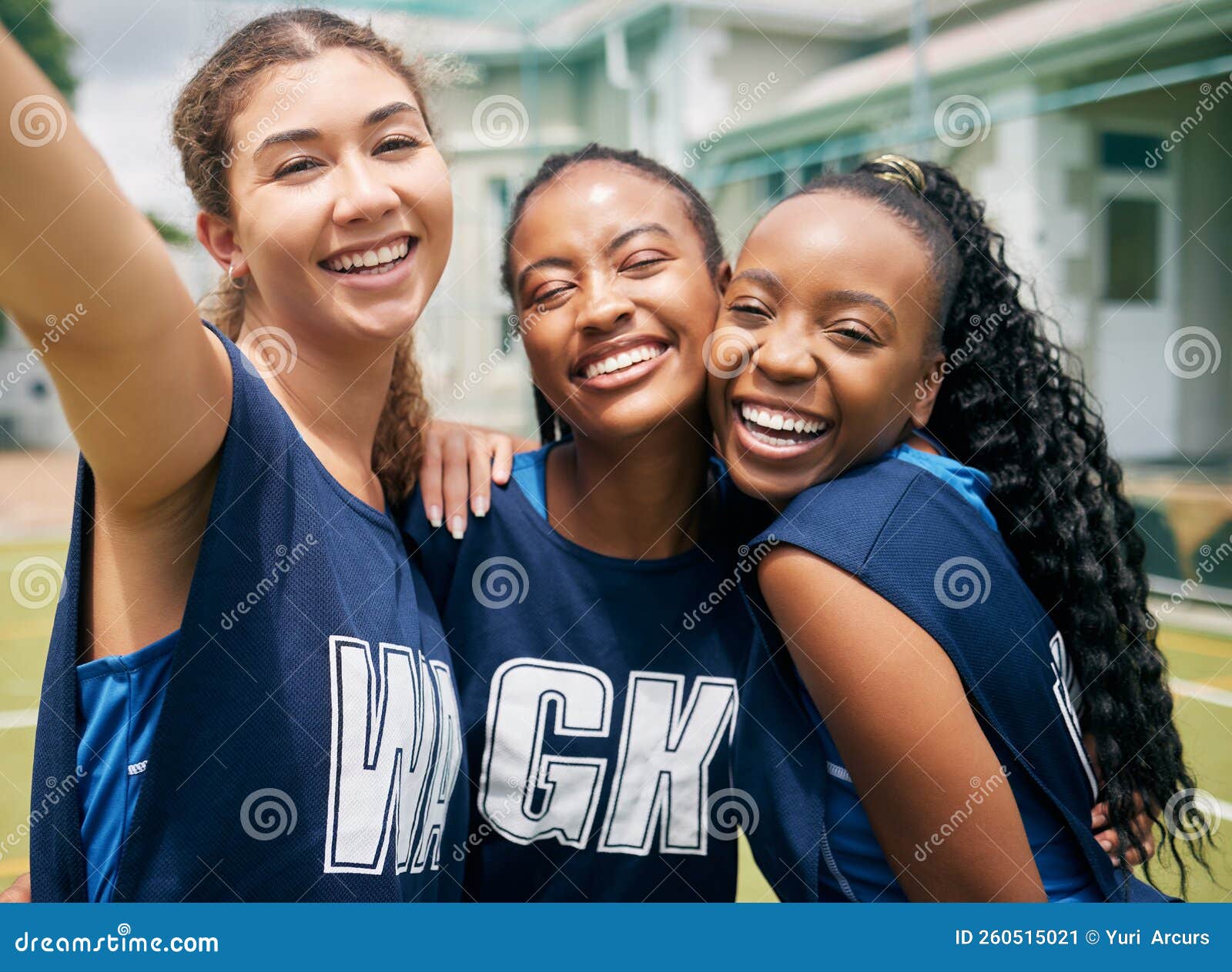 Sports Team And Girl Netball Selfie Hug With Fitness And College Or