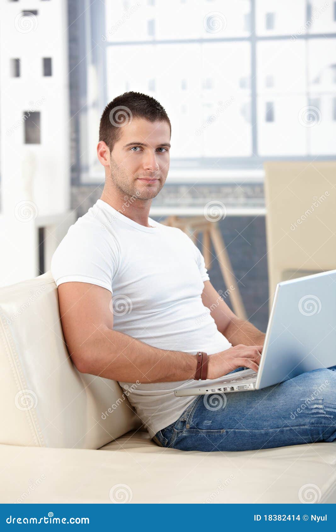 Sporty Man Browsing Internet at Home Stock Photo - Image of european ...