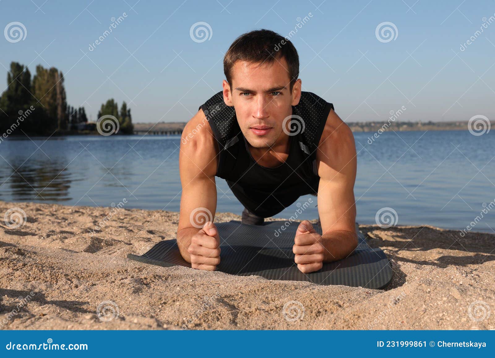 Sporty Man Doing Plank Exercise On Beach Stock Image Image Of River