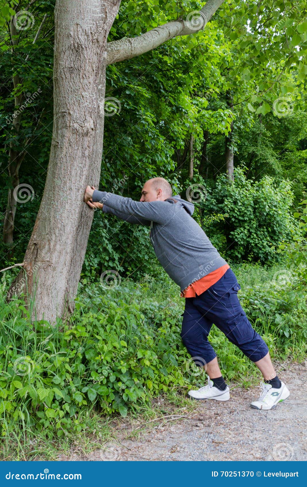 Sporty Man Doing Stretching Exercises in the Forest on a Tree Stock ...