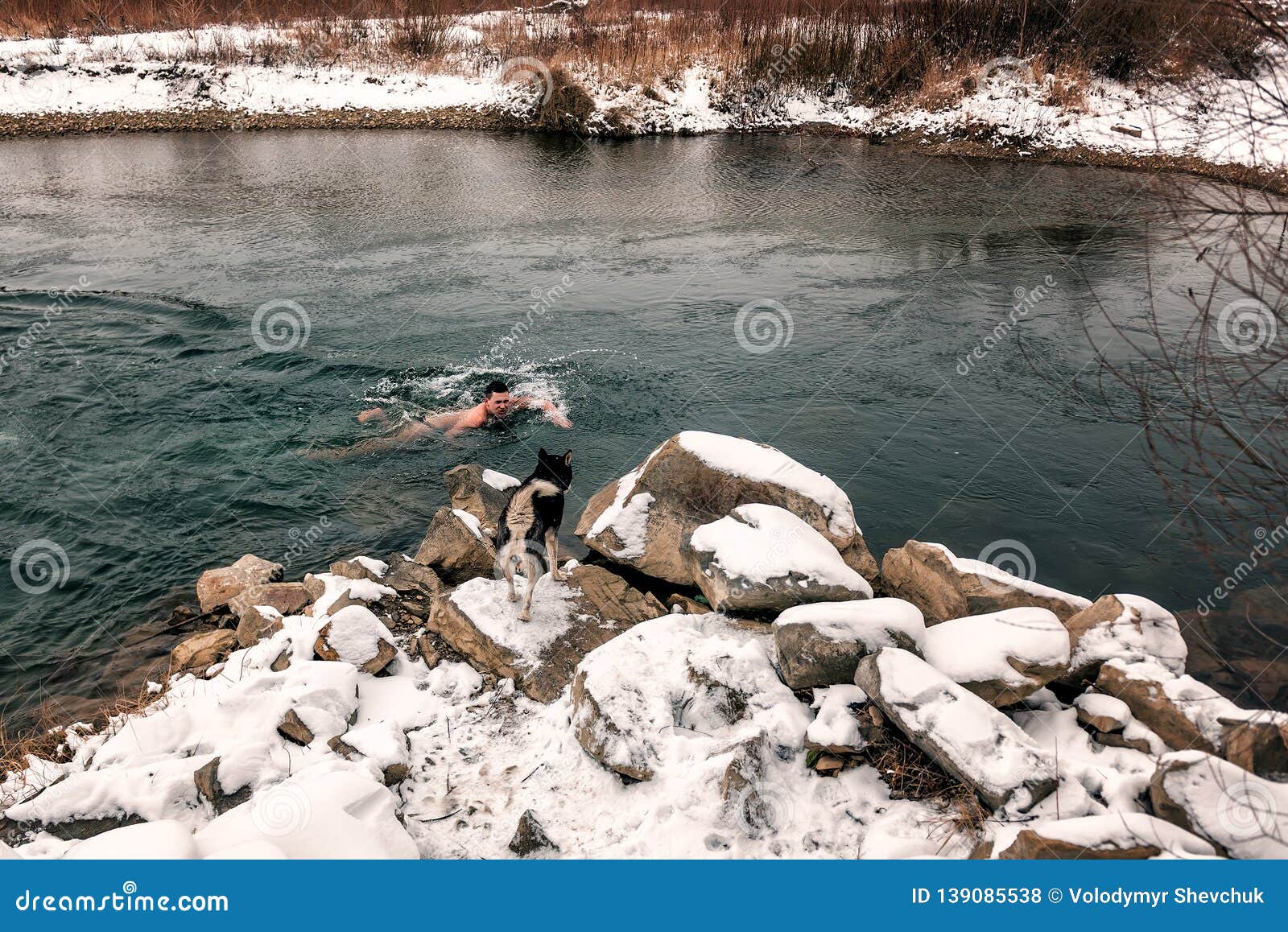 Sporty Man Floats in Cold River Stock Photo - Image of cold, frost ...