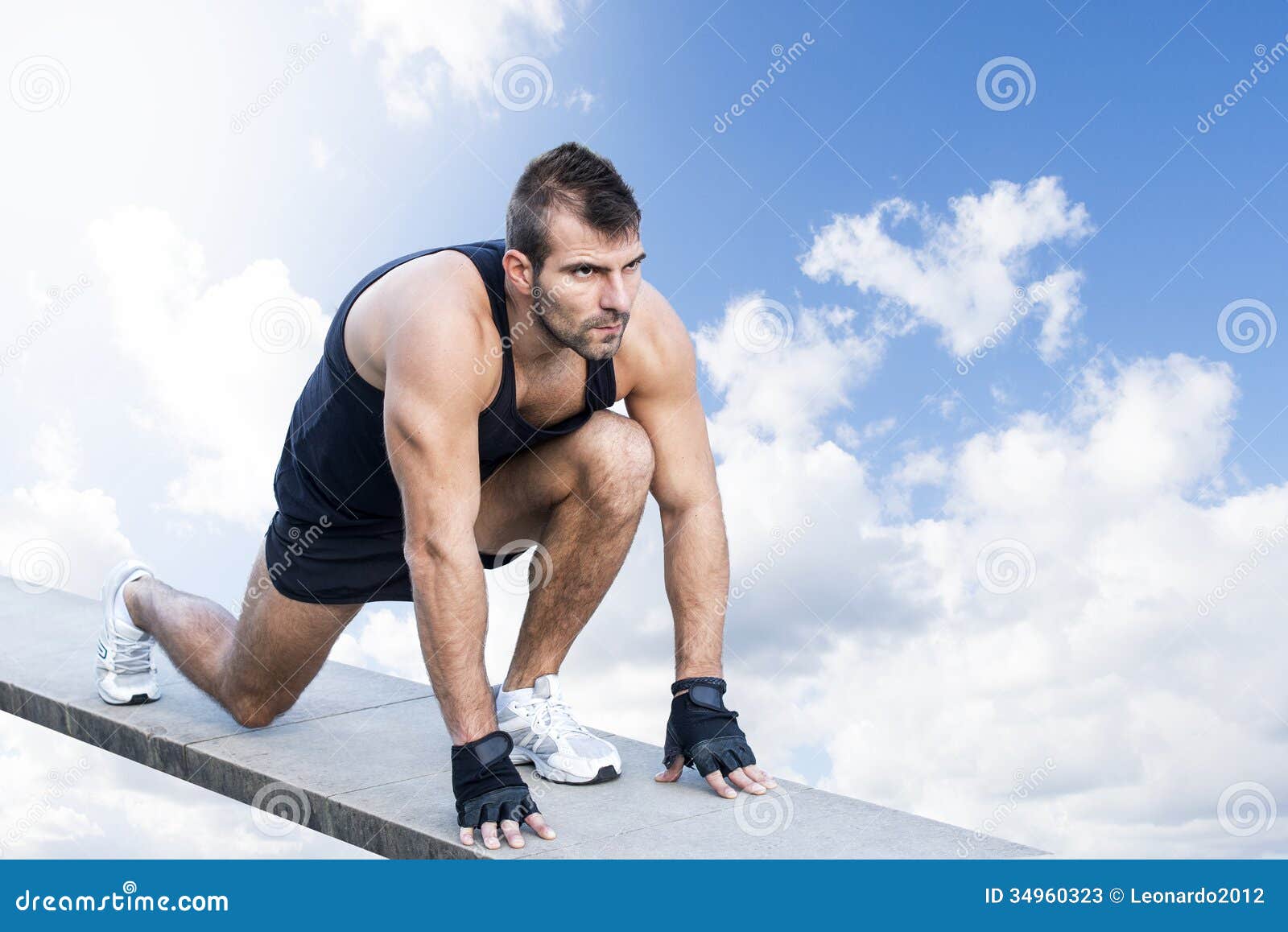 Sporty Man Preparing To Run through the Sky. Stock Image - Image of ...