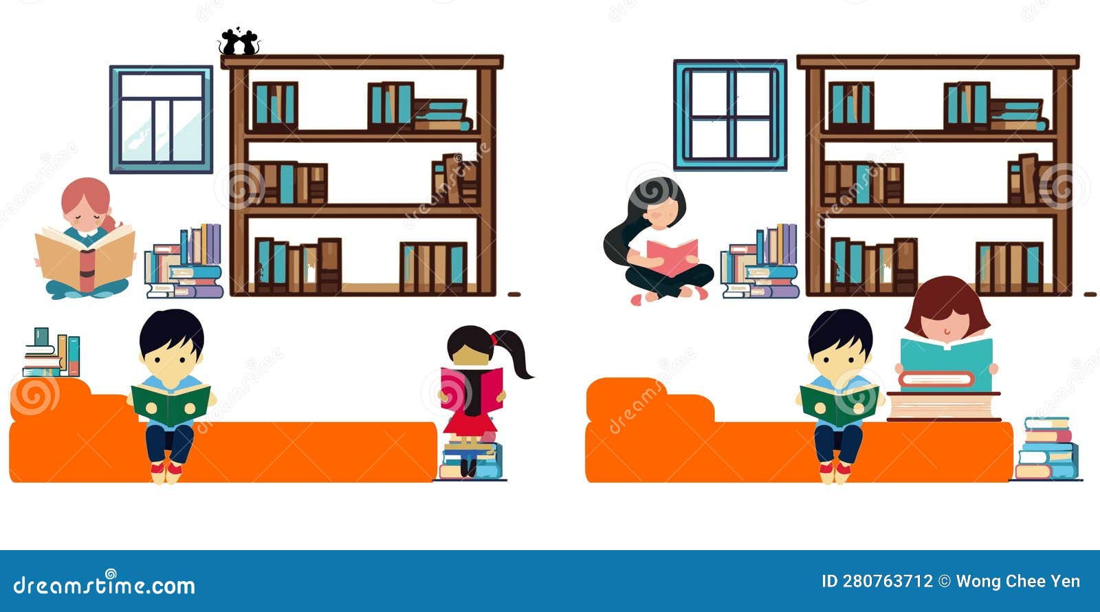 Spot the Difference Library Children Reading Books Vector Graphics ...