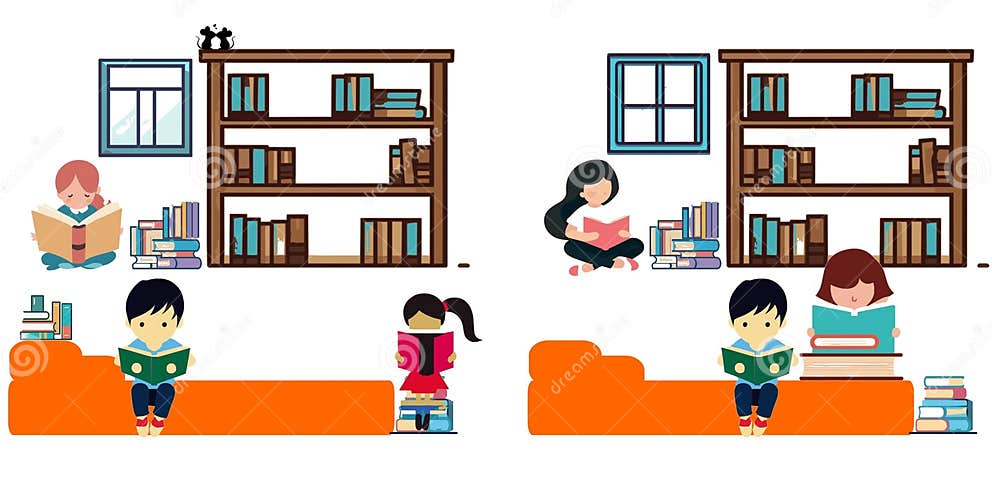 Spot the Difference Library Children Reading Books Vector Graphics ...