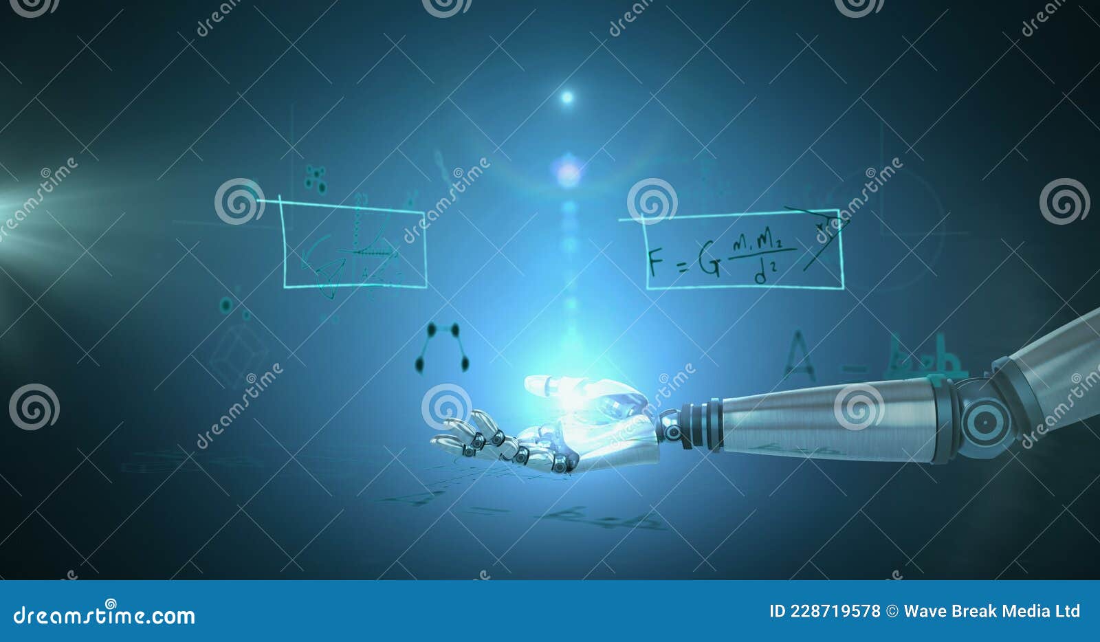 Spot of Light Over Robotic Hand Against Mathematical Equations Floating ...