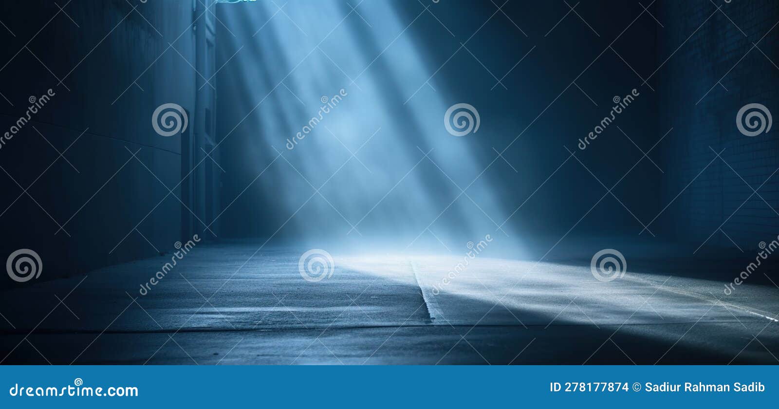 Spotlight on Stage with Spotlight. Rays Light on Blue Wall with Smoke ...