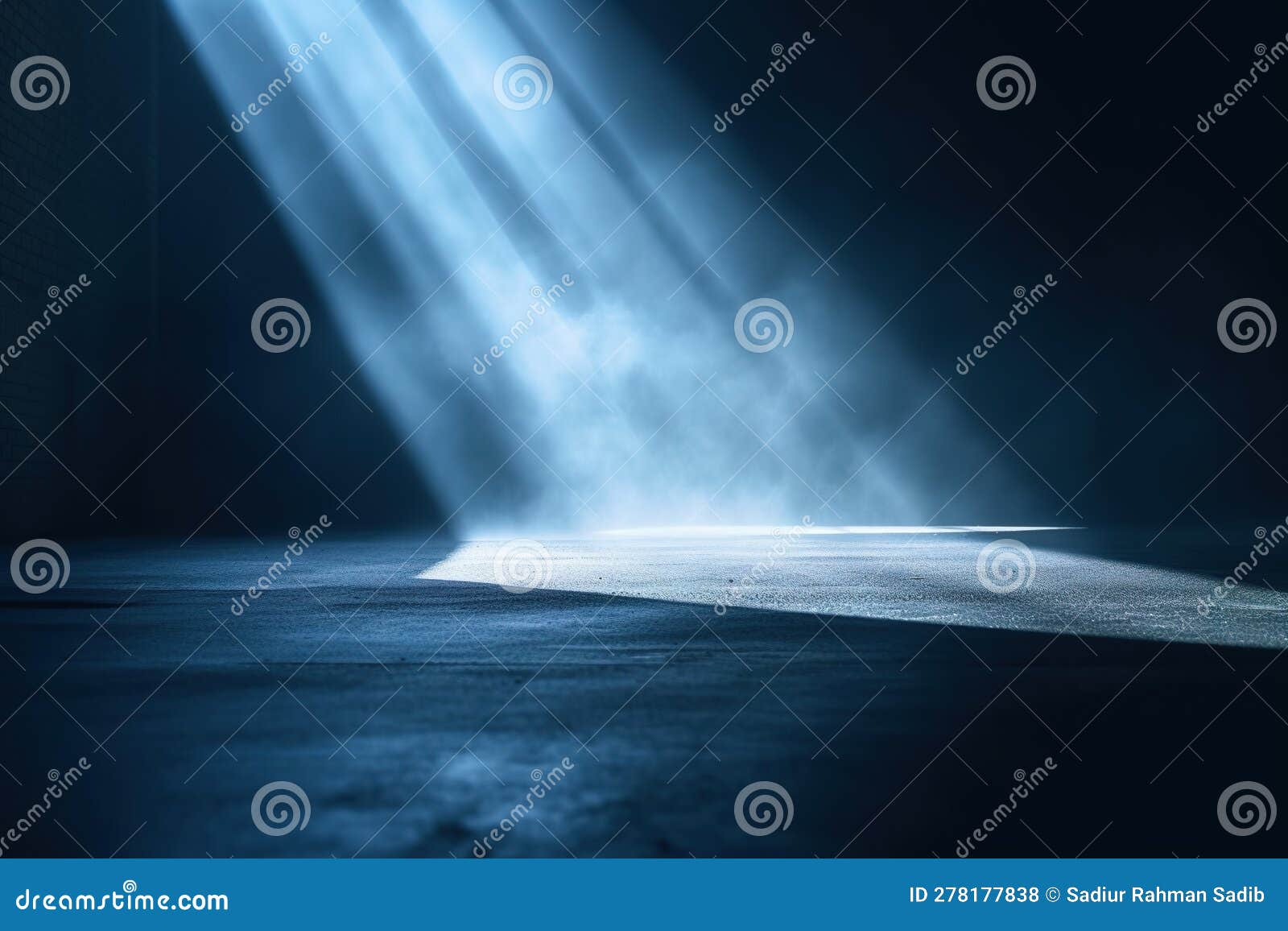 Spotlight on Stage with Spotlight. Rays Light on Blue Wall with Smoke ...