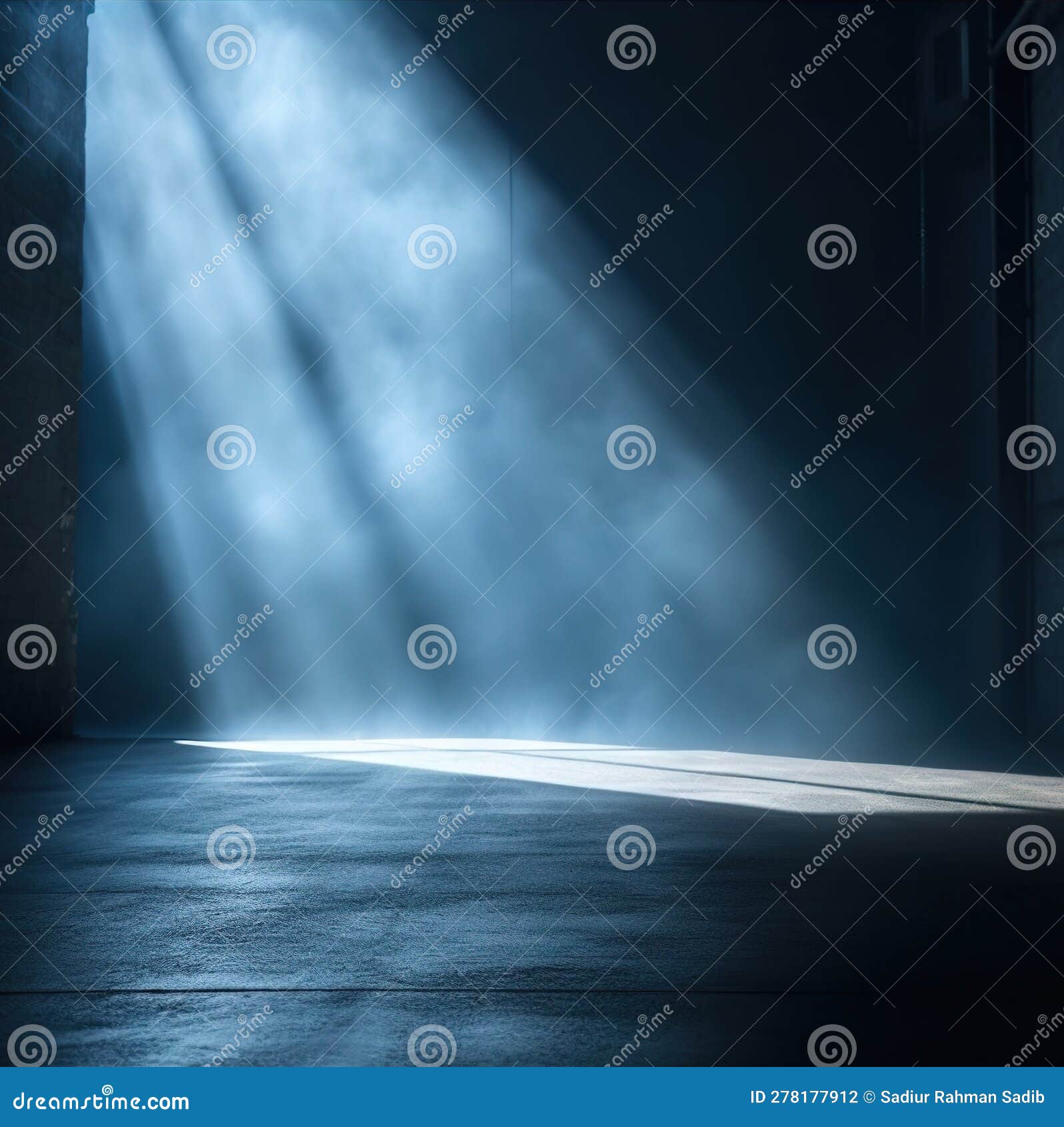 Spotlight on Stage with Spotlight. Rays Light on Blue Wall with Smoke ...