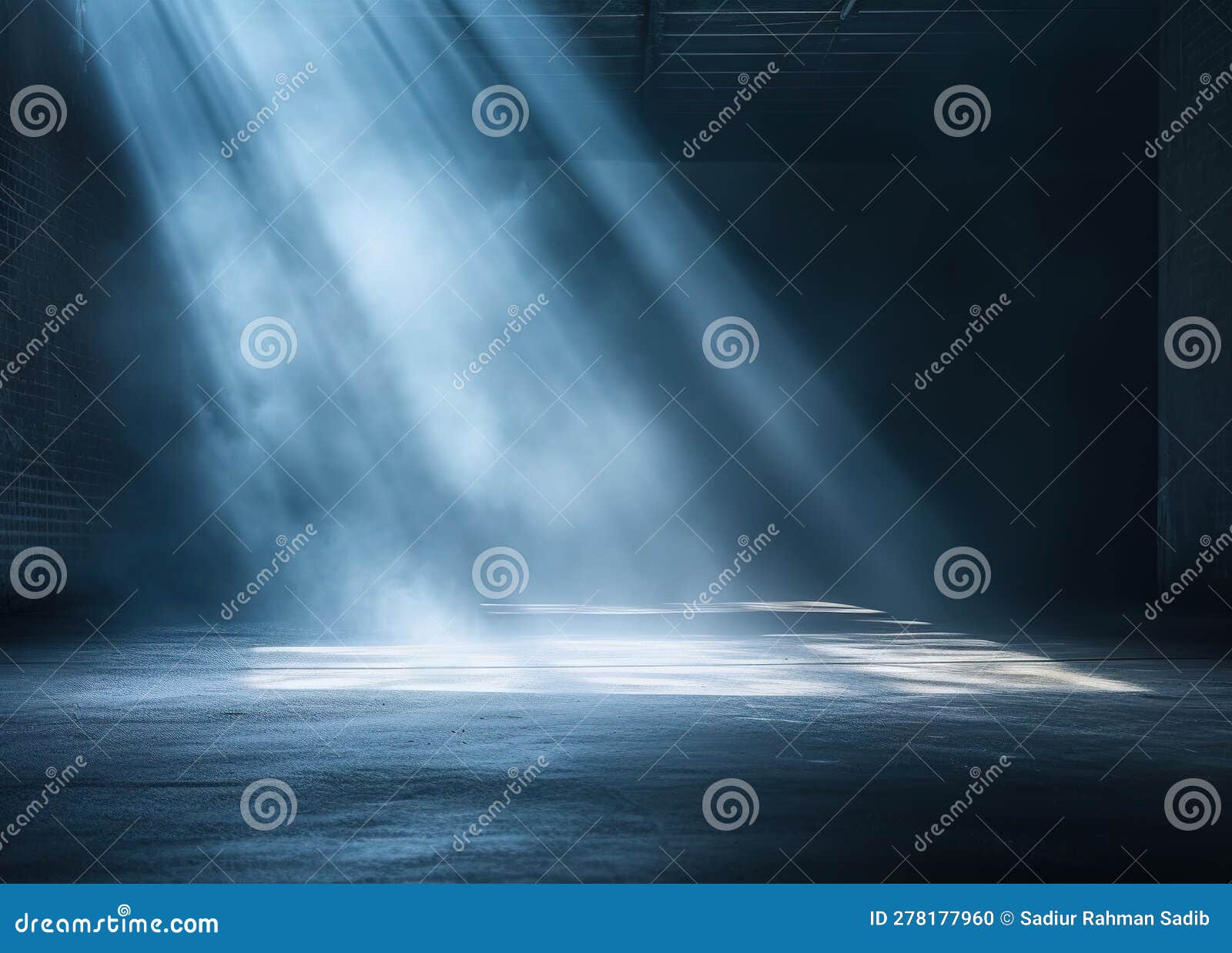 Spotlight on Stage with Spotlight. Rays Light on Blue Wall with Smoke ...