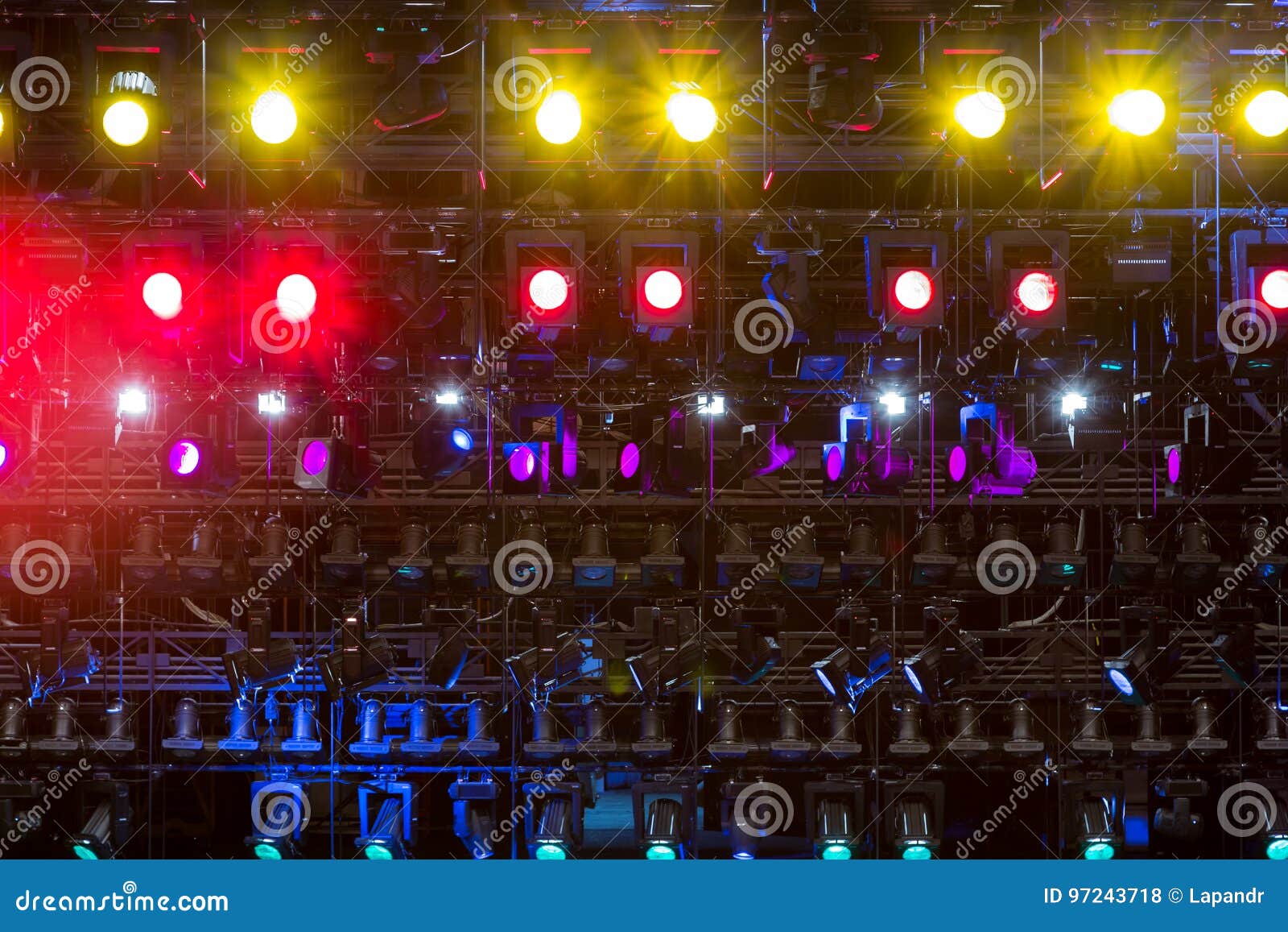 Spotlights & Lighting Equipment for the Theater. Multi-colored Lights ...