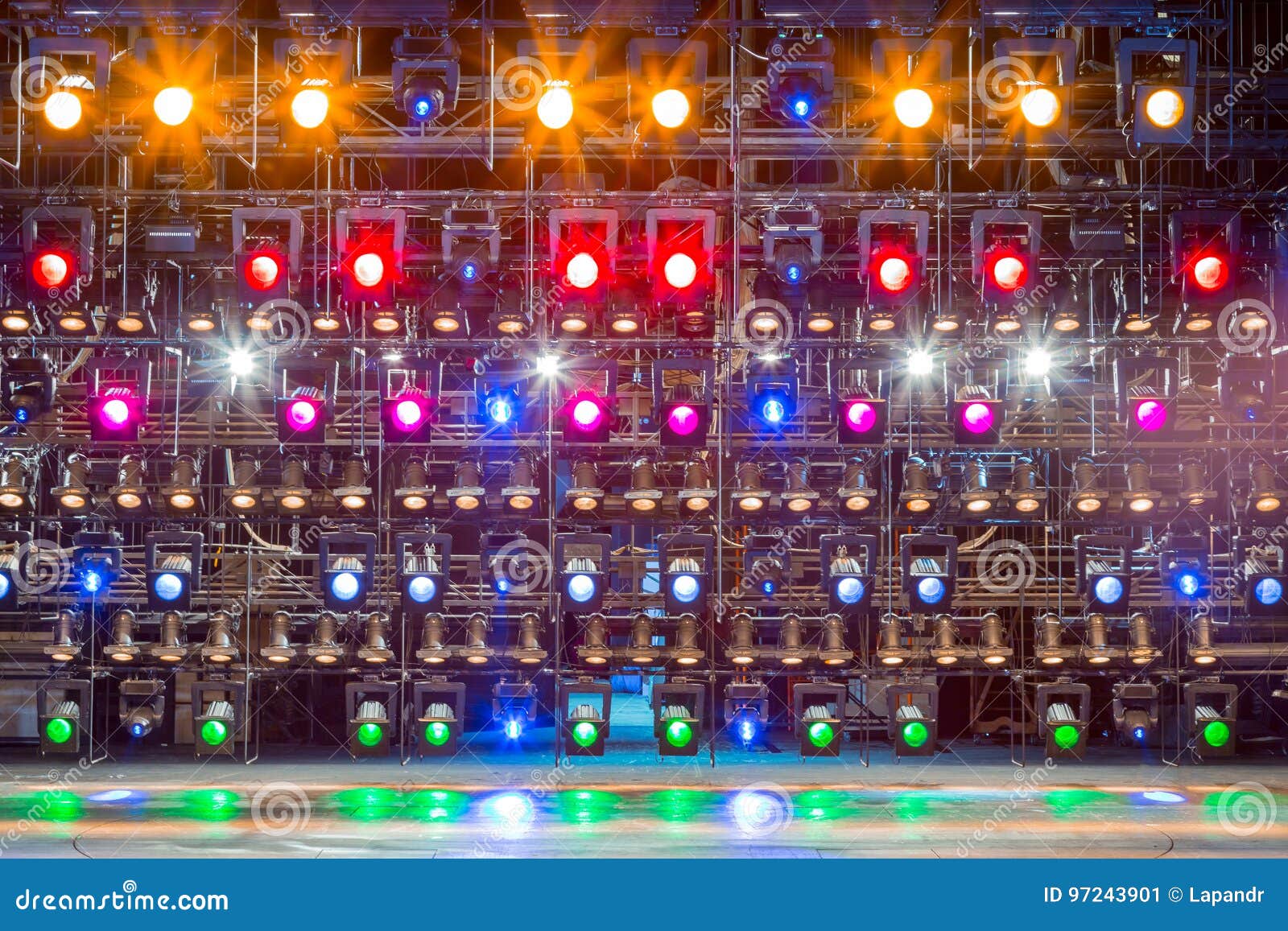 Spotlights & Lighting Equipment for the Theater. Multi-colored Lights ...