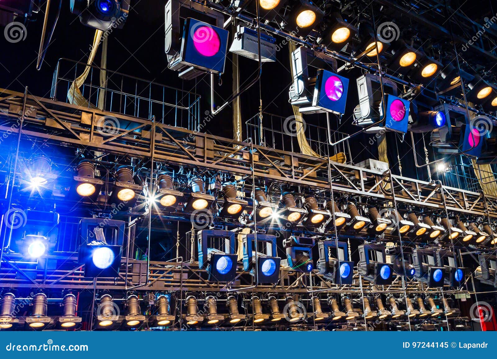 Spotlights & Lighting Equipment for the Theater. Multi-colored Lights ...