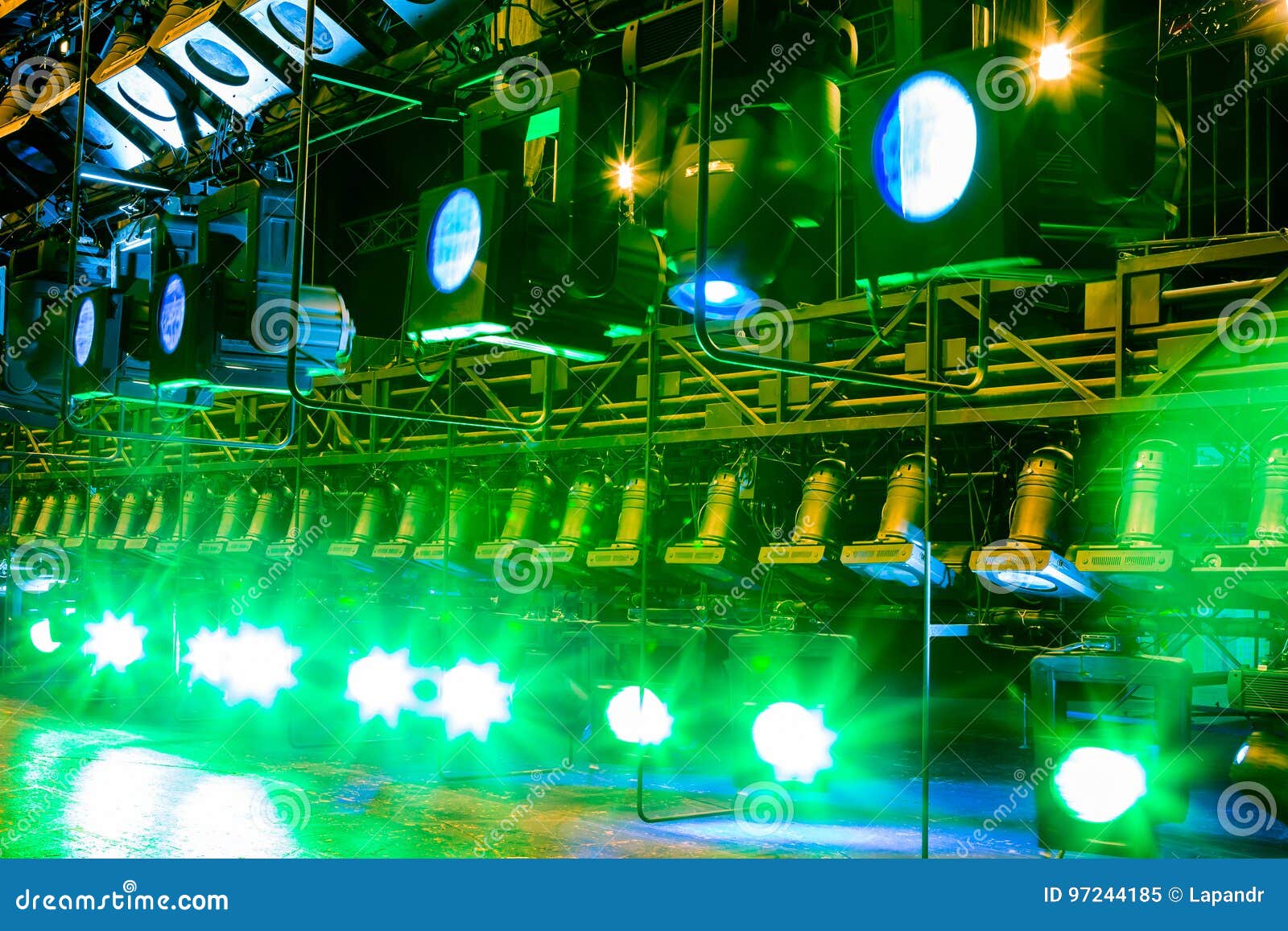 Spotlights & Lighting Equipment for the Theater. Multi-colored Lights ...