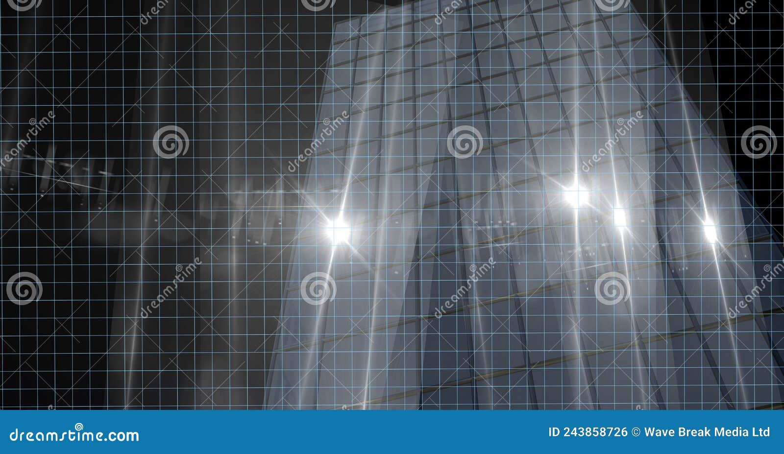 Spots of Lights Over Tall Building Model Against Black Background Stock ...