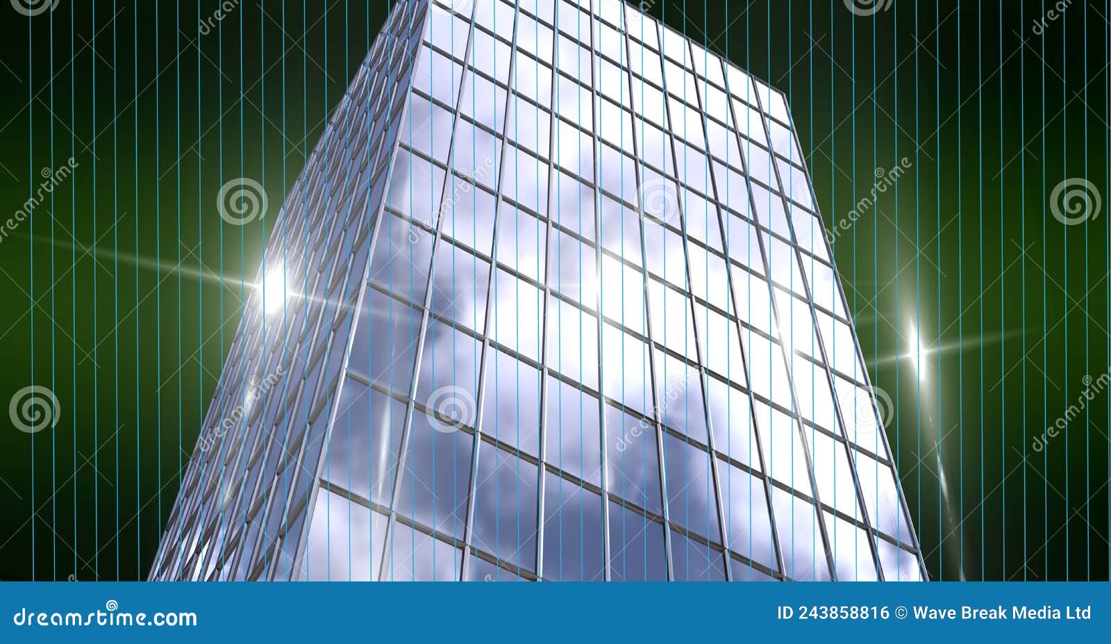 Spots of Lights Over Tall Building Model Against Green Background Stock ...