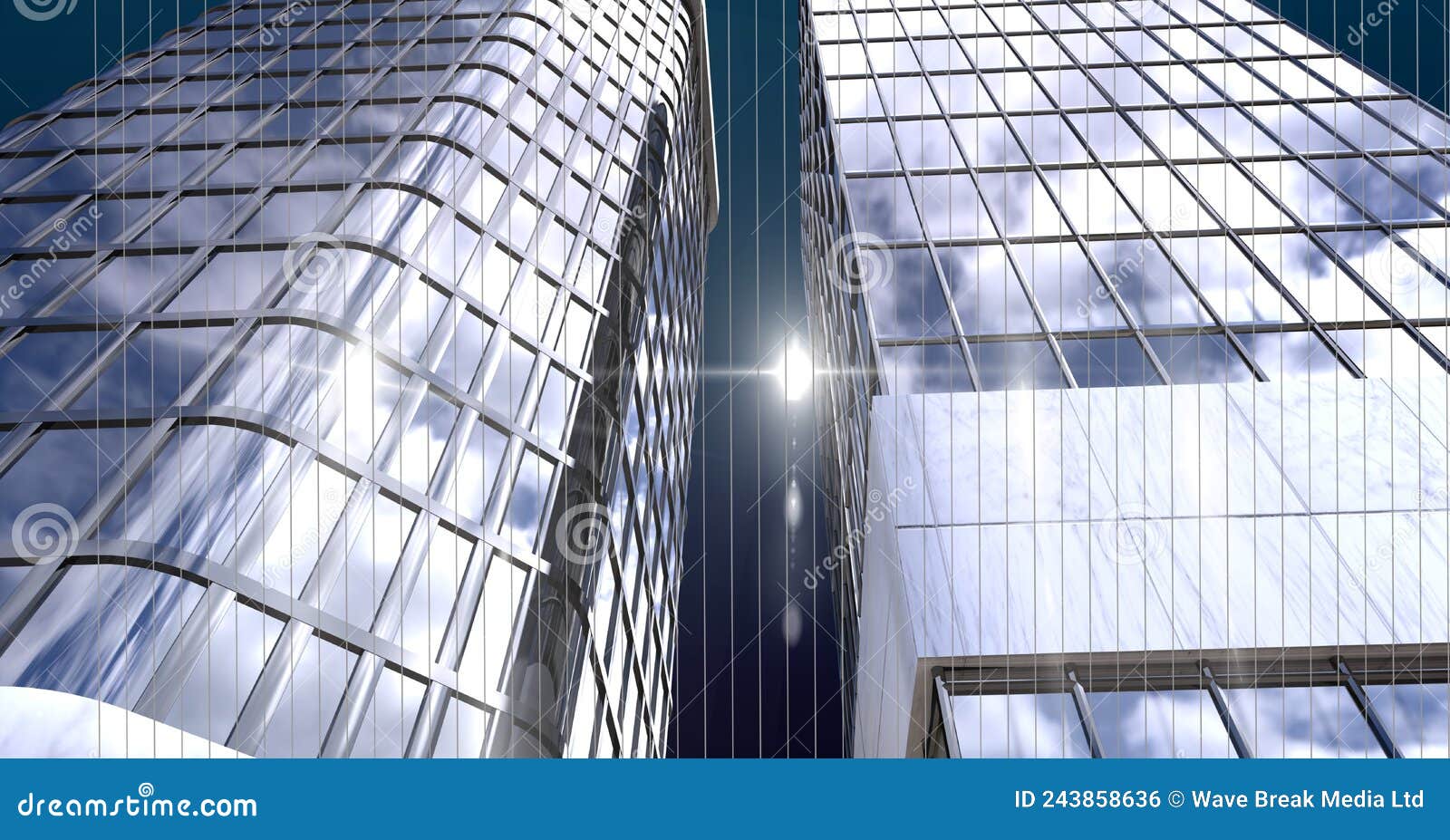 Spots of Lights Over Two Tall Building Models Against Blue Background ...