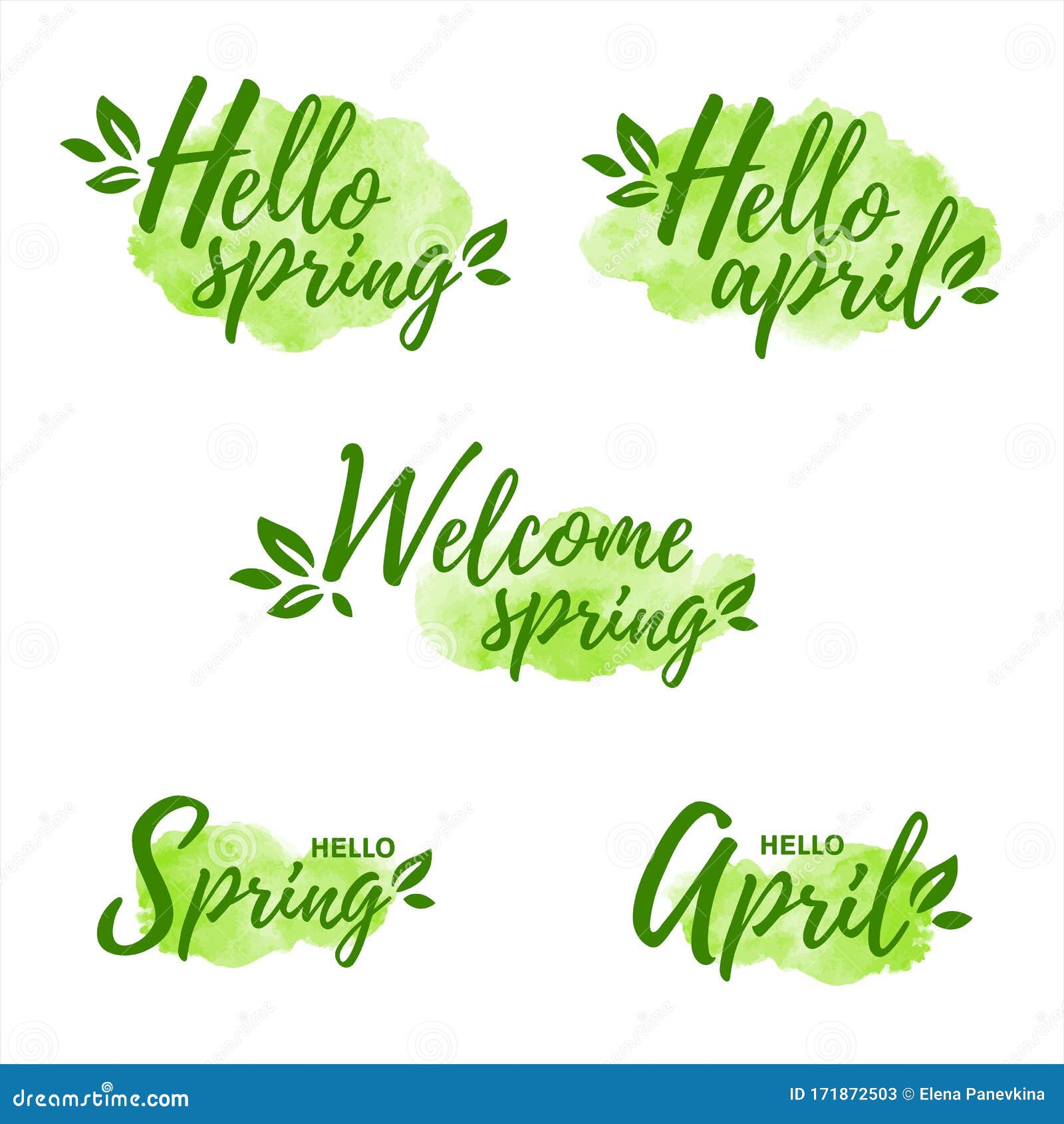 Hello April Spring Text, Green Watercolor Shapes, Spots Stock Vector ...