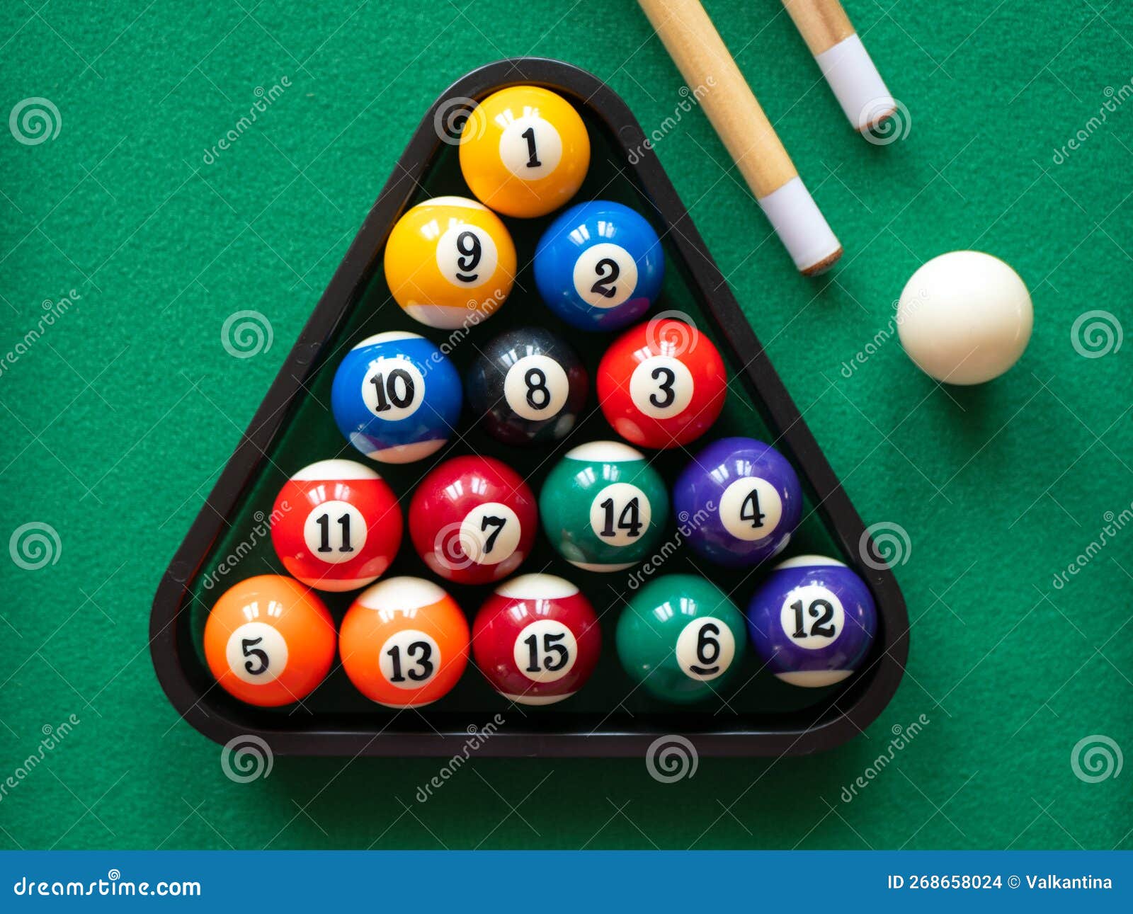 Spots and Stripes Balls in Triangle, Cue Ball and Two Cues on the Green ... Spots and Stripes Balls in Triangle, Cue Ball and Two Cues on the Green ...