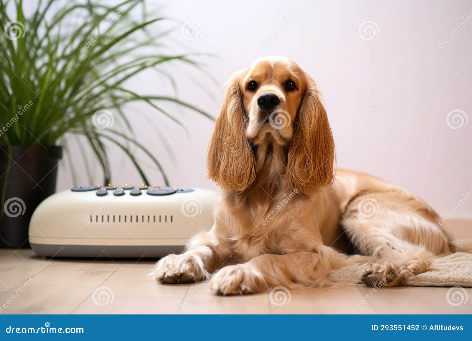Spotted Cocker Spaniel Sitting beside a Calming Sound Machine Stock ...