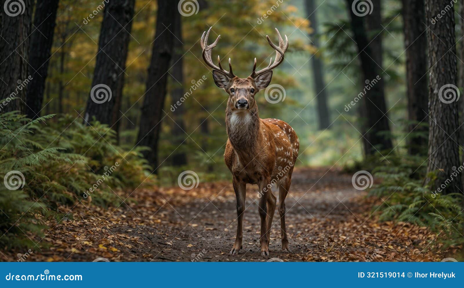 Spotted Deer Standing on a Forest Path in Close-up Stock Illustration ...