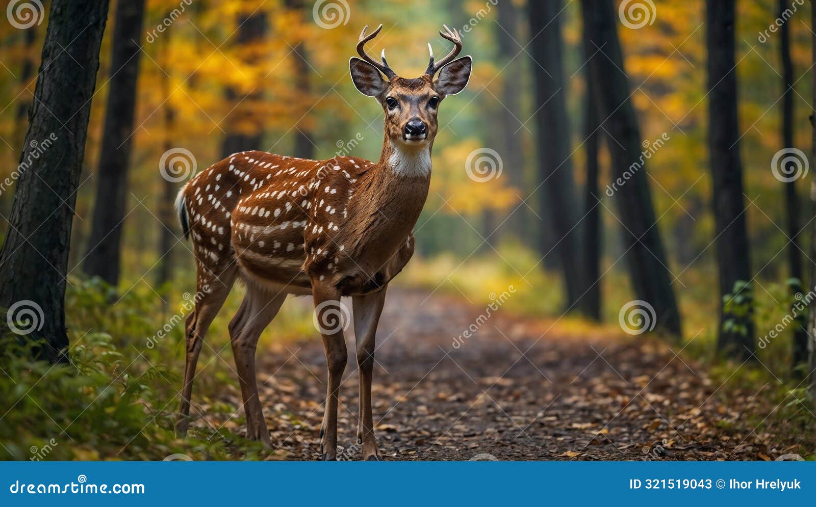 Spotted Deer Standing on a Forest Path in Close-up Stock Illustration ...