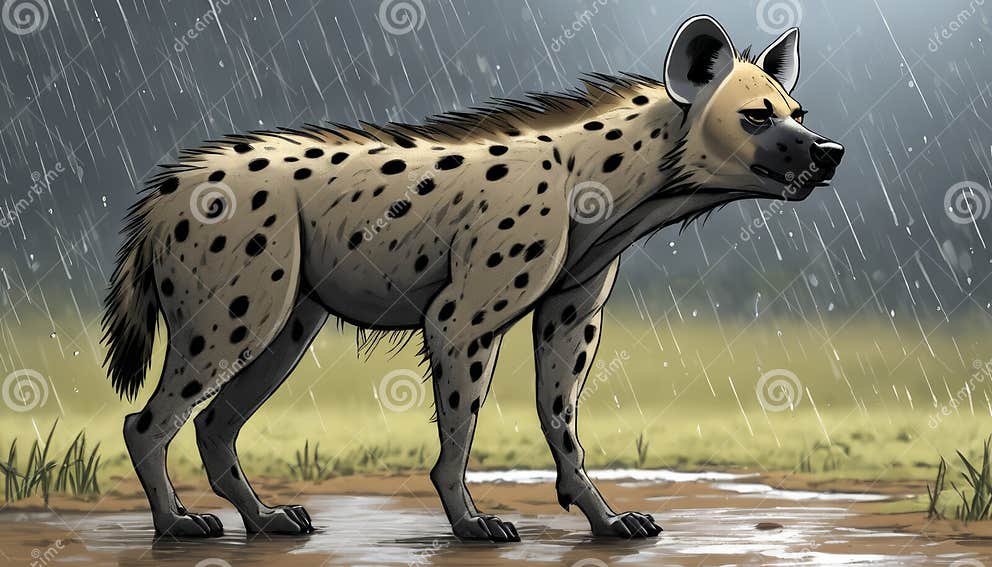 A Spotted Hyena Walking in the Rain Stock Illustration - Illustration ...
