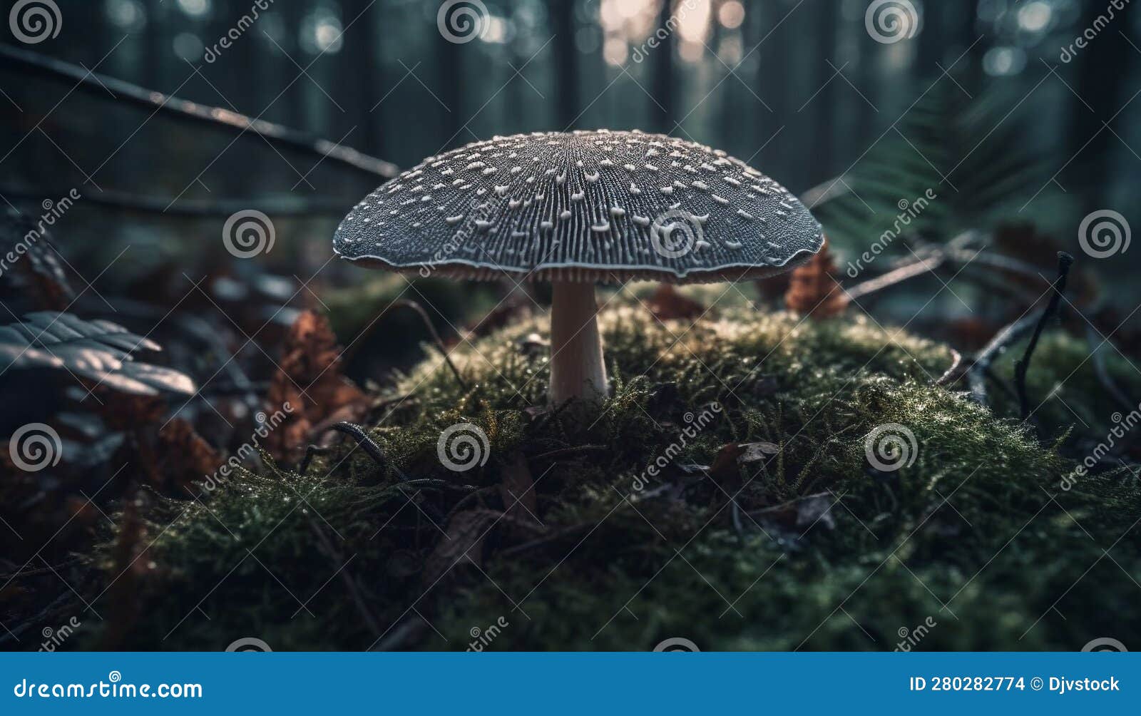 Spotted Toadstool Growth on Wet Forest Leaf, Macro Close Up Generated ...