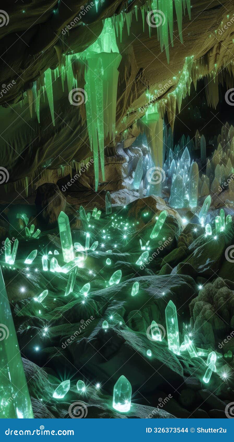 Sprawling Crystal Caves Teeming with Glow in the Dark Creatures Stock ...